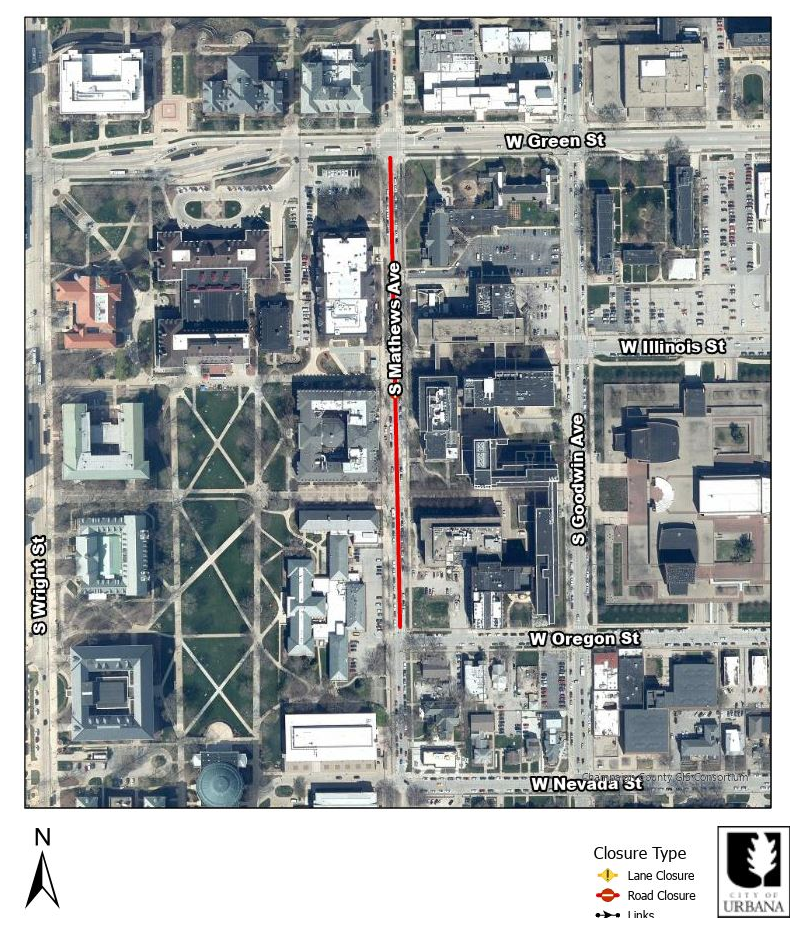 Mathews Avenue road closure from Green Street to Oregon Street. A line ...