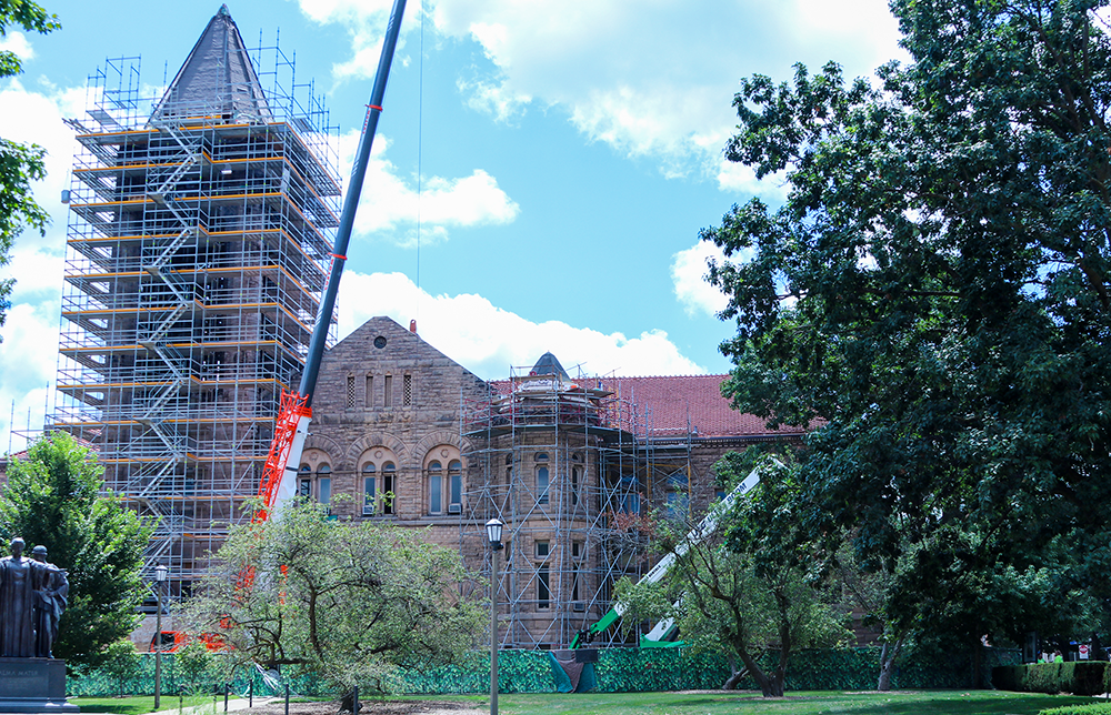 Altgeld Hall's north façade with construction scaffolding